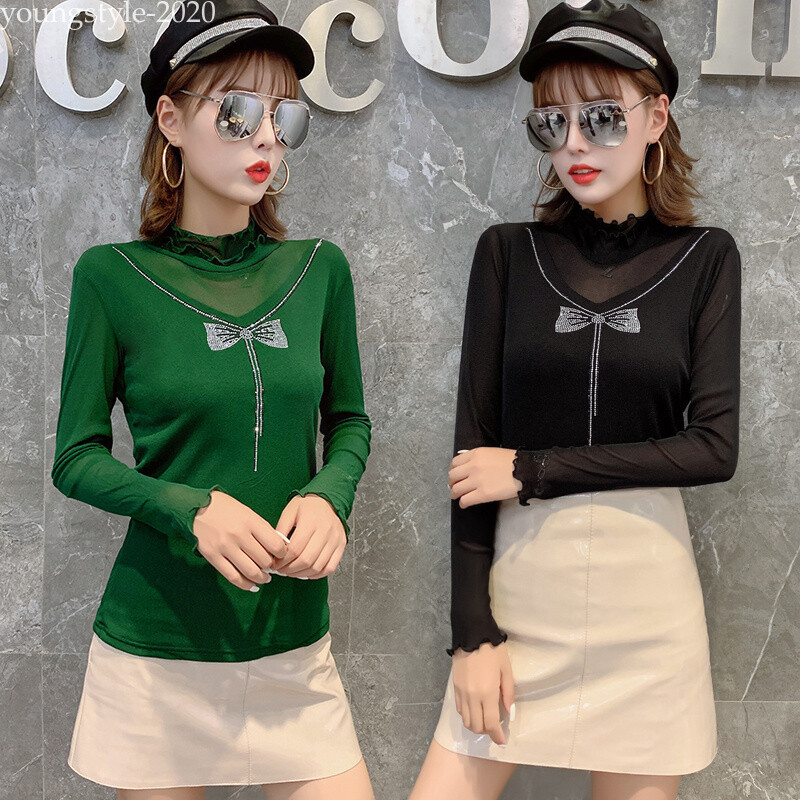 Women Sexy Rhinestone Mesh Sheer Mock Neck Party Club Slim Tops ...