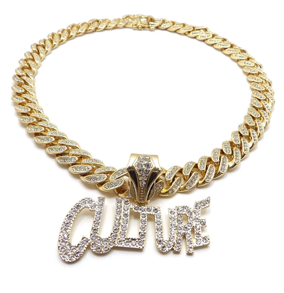 MIGOS CULTURE PENDANT GOLD MIAMI CUBAN LINK CHAIN NECKLACE OFFSET CARDI ...