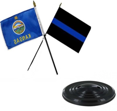 State of Kansas w/ Police Thin Blue Line Flags 4"x6" Desk Set Table ...