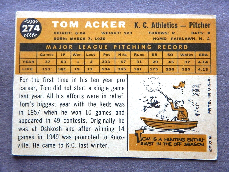 Tom Acker #274 Topps 1960 Baseball Card (Kansas City Athletics)* | eBay