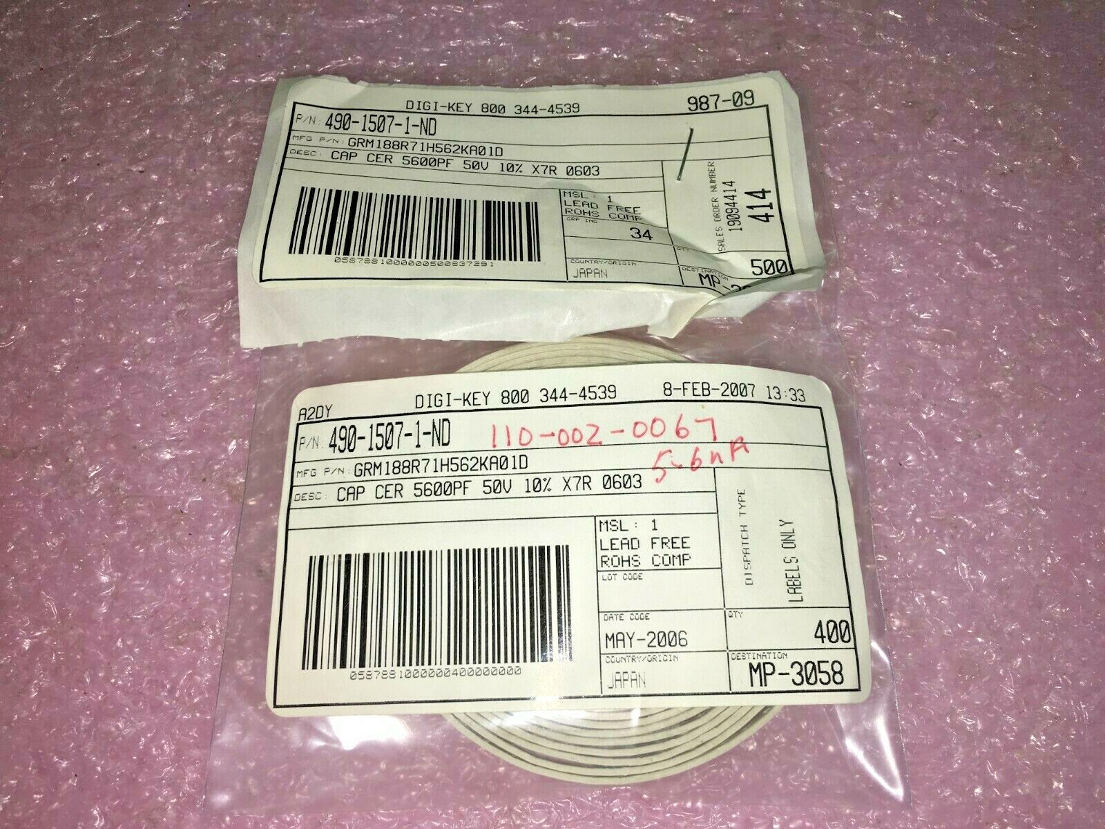 (457 PIECE LOT) GRM188R71H562KA01D, MURATA, CAP CER 5600PF 50V X7R 0603 ...