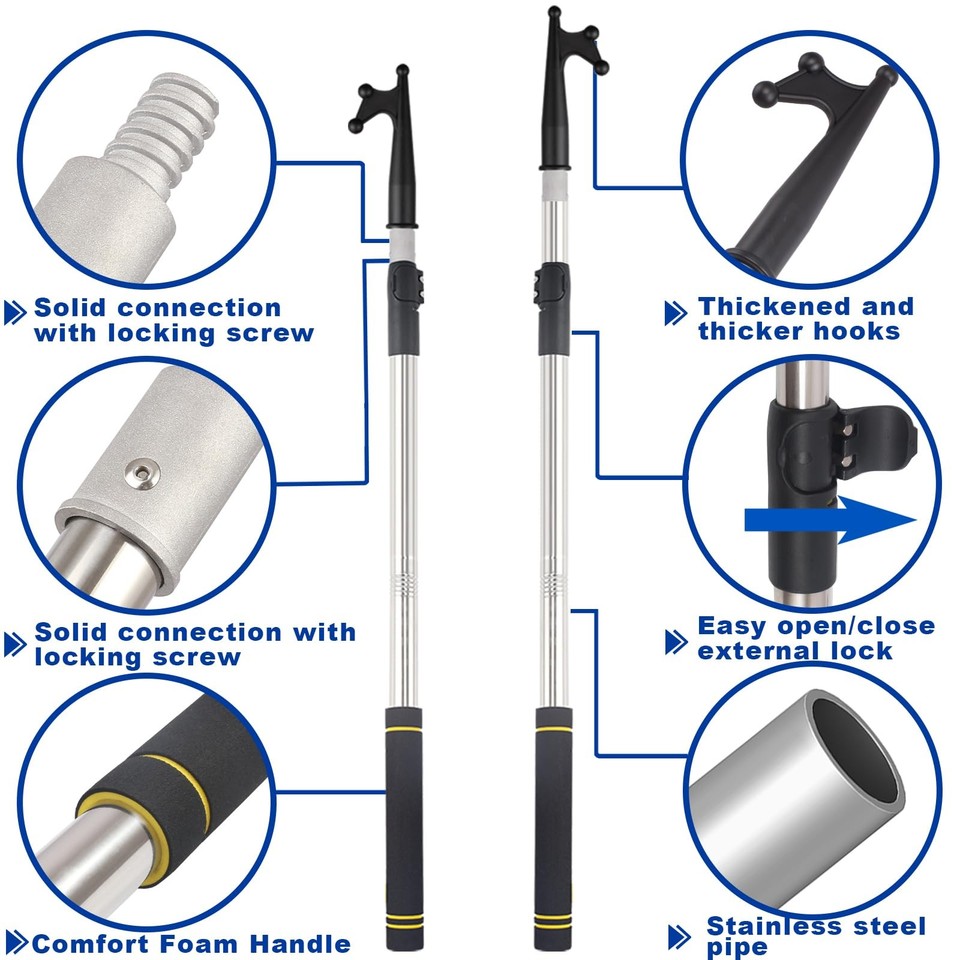 Telescoping Boat Hook Pole for Docking, 2.46-12ft Boat Hook long handle ...