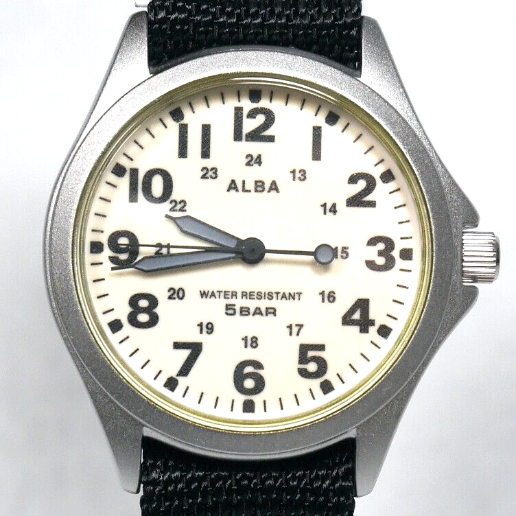 SEIKO ALBA Military Field Watch AQPK401 White Full Luminous Black Strap ...