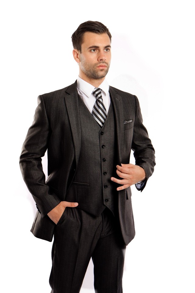 Men's Tailored Fit Suit Two Button Textured Three Piece Jacket Business ...