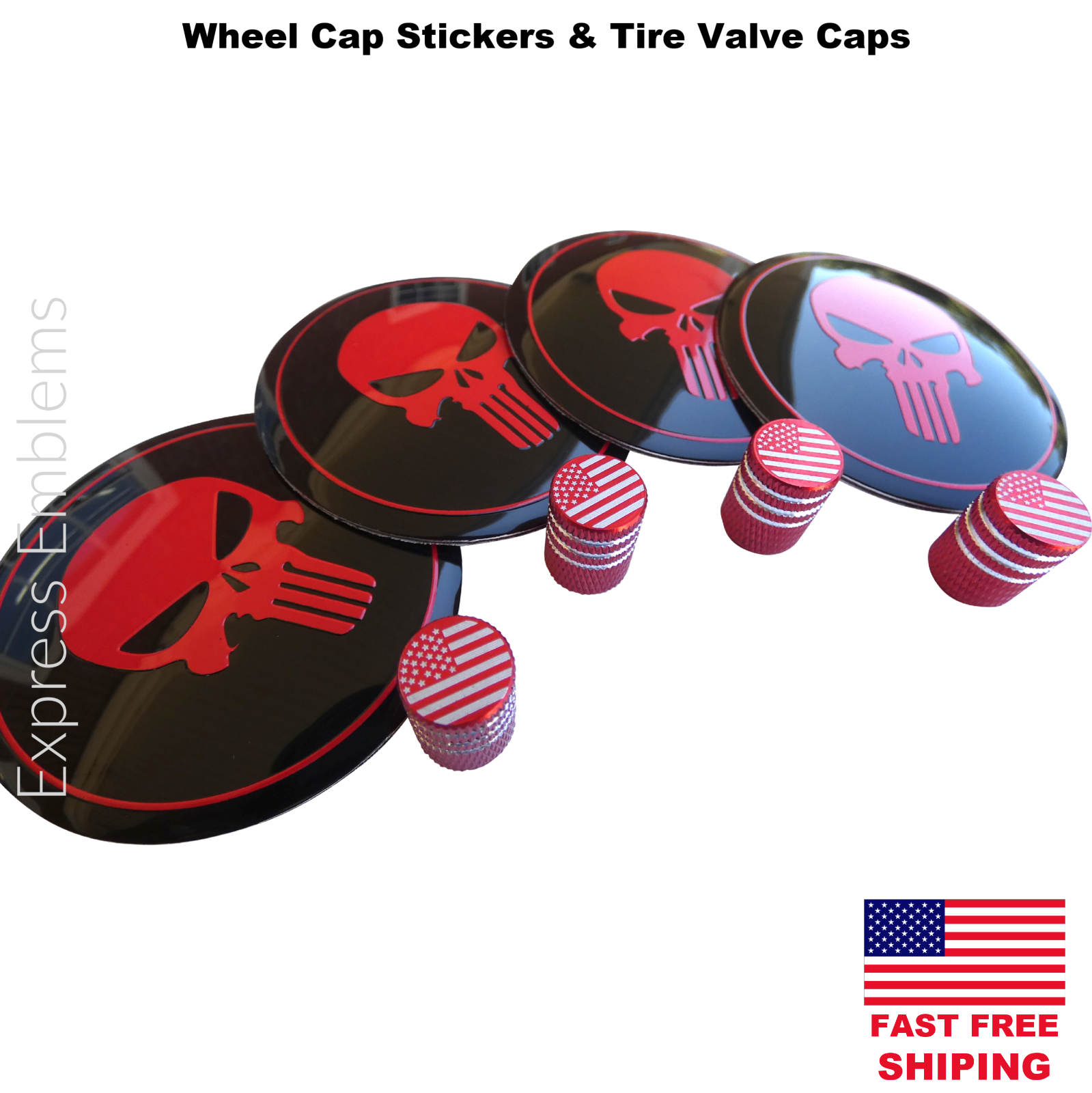 4x Punisher Wheel Center Hub Cap Stickers 2.20" With 4x Tire Valve Caps ...