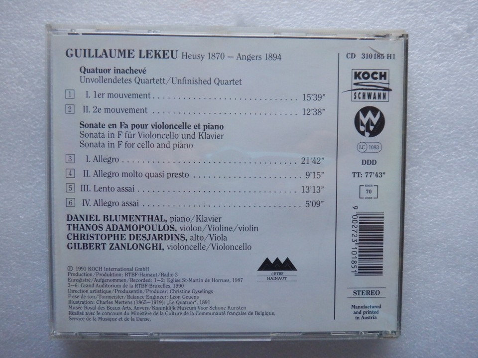 GUILLAUME LEKEU: Quatuor Inachevé /Sonate Pour Violoncelle Et Piano ...
