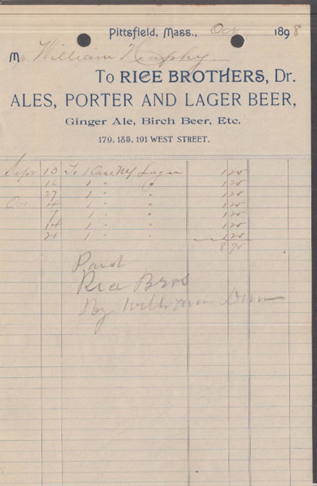 Rice Brothers Ales Porter Lager Beer statement Pittsfield MA 1898 | eBay