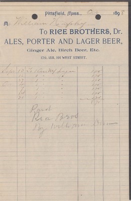 Rice Brothers Ales Porter Lager Beer statement Pittsfield MA 1898 | eBay