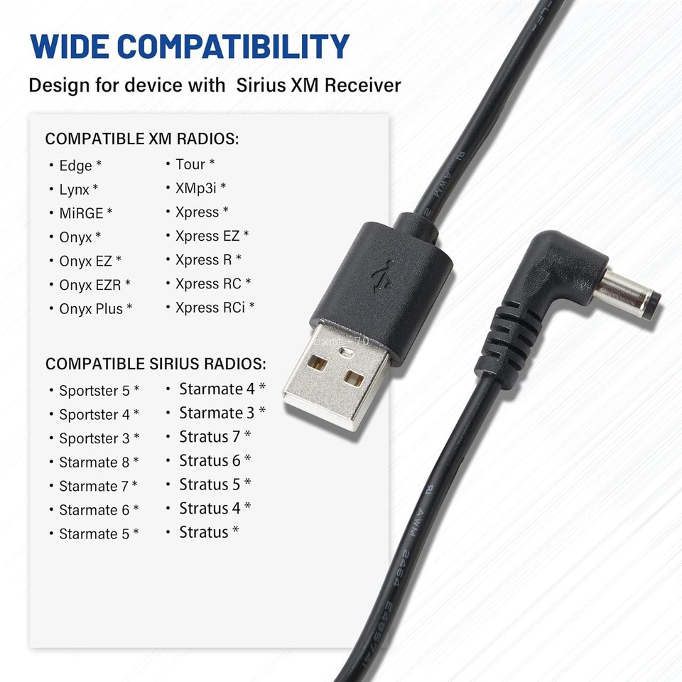3.2ft USB Charger Power Cable for Sirius XM Radios Receiver onyX onyXEZ ...