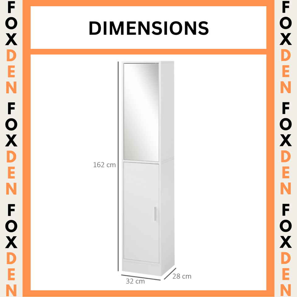 White Tall Mirrored Bathroom Cabinet Storage Cupboard Tallboy Unit ...