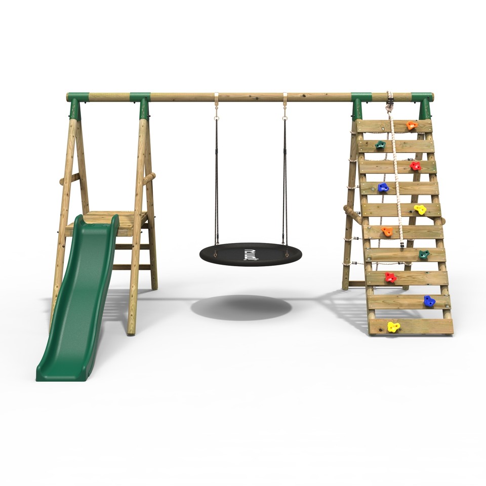Rebo Wooden Swing Set with Deck & Slide plus Up and Over Climbing Wall ...