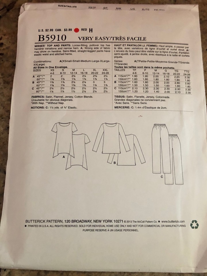 🦋 BUTTERICK #B5910 - LADIES CASUAL LOUNGING PAJAMAS PATTERN XS-XXLG FF ...