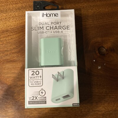 IHOME DUAL PORT SLIM CHARGER USB C & USB A 20 WATT 2X FAST CHARGE Green ...