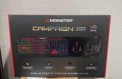 NEW MONSTER CAMPAIGN GAMING LED - 4 Piece Bundle Keyboard Mouse Headset ...