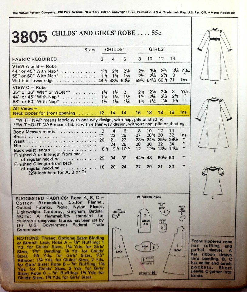 McCall's 3805 Girls' Front Zippered Robe Size 12 UNCUT Pattern Vintage ...