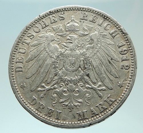 1912 Germany GERMAN STATES Wurttemberg w WILHELM II Genuine Silver Coin ...