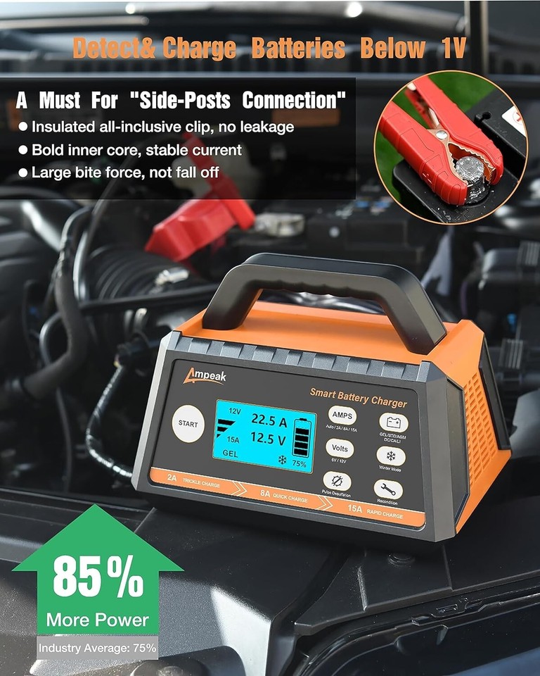 Smart 2A/8A/15A Car Battery Charger for 6V/12V with Winter Mode & Multi ...