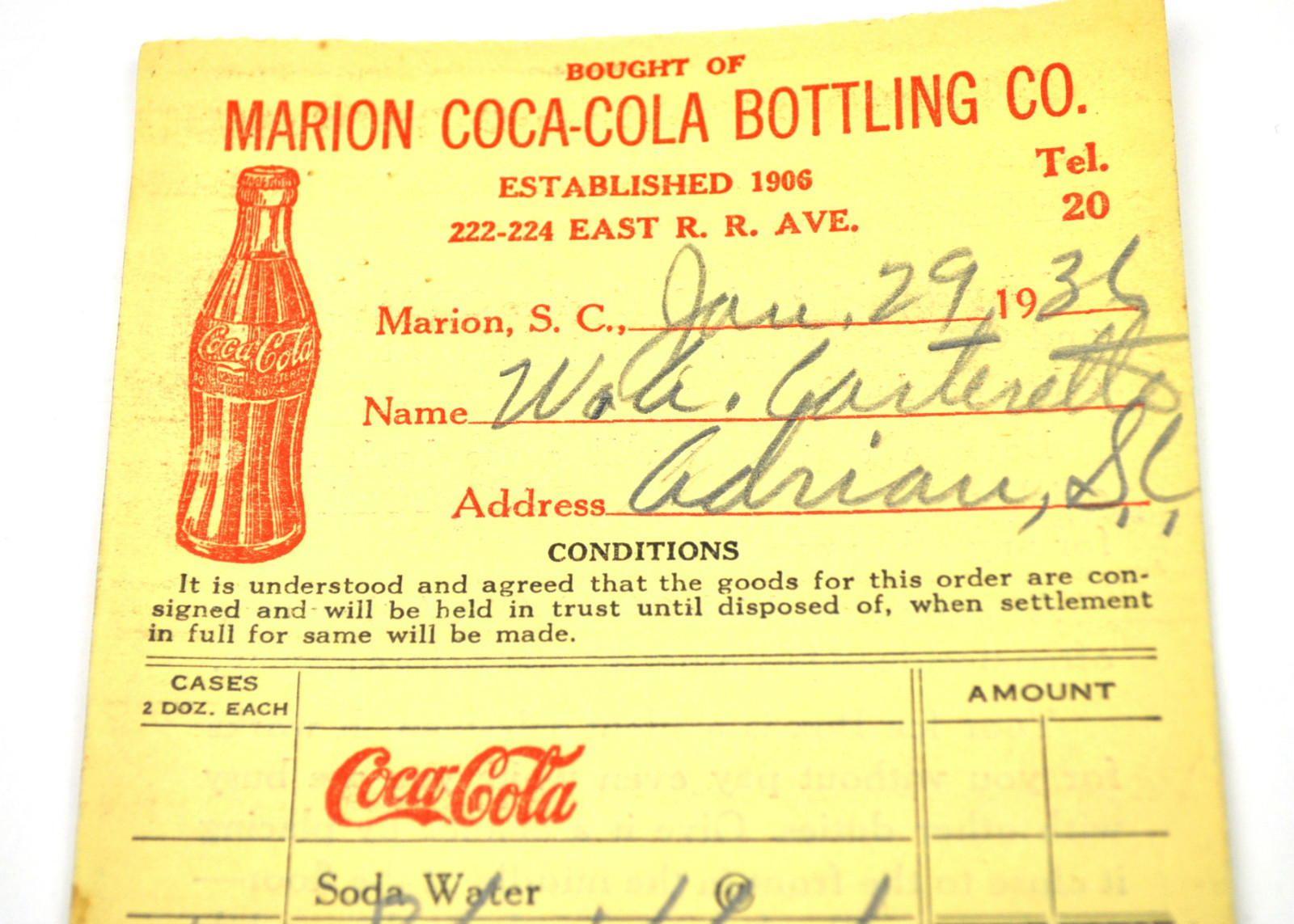 Coca-Cola Driver Order Form USA 1930 Coke Sheet Marion Bottling Co. Red ...