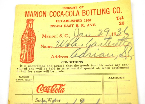 Coca-Cola Piloto Pedido Ee.uu. 1930 Coke Order Sheet Marion Bottling Co ...
