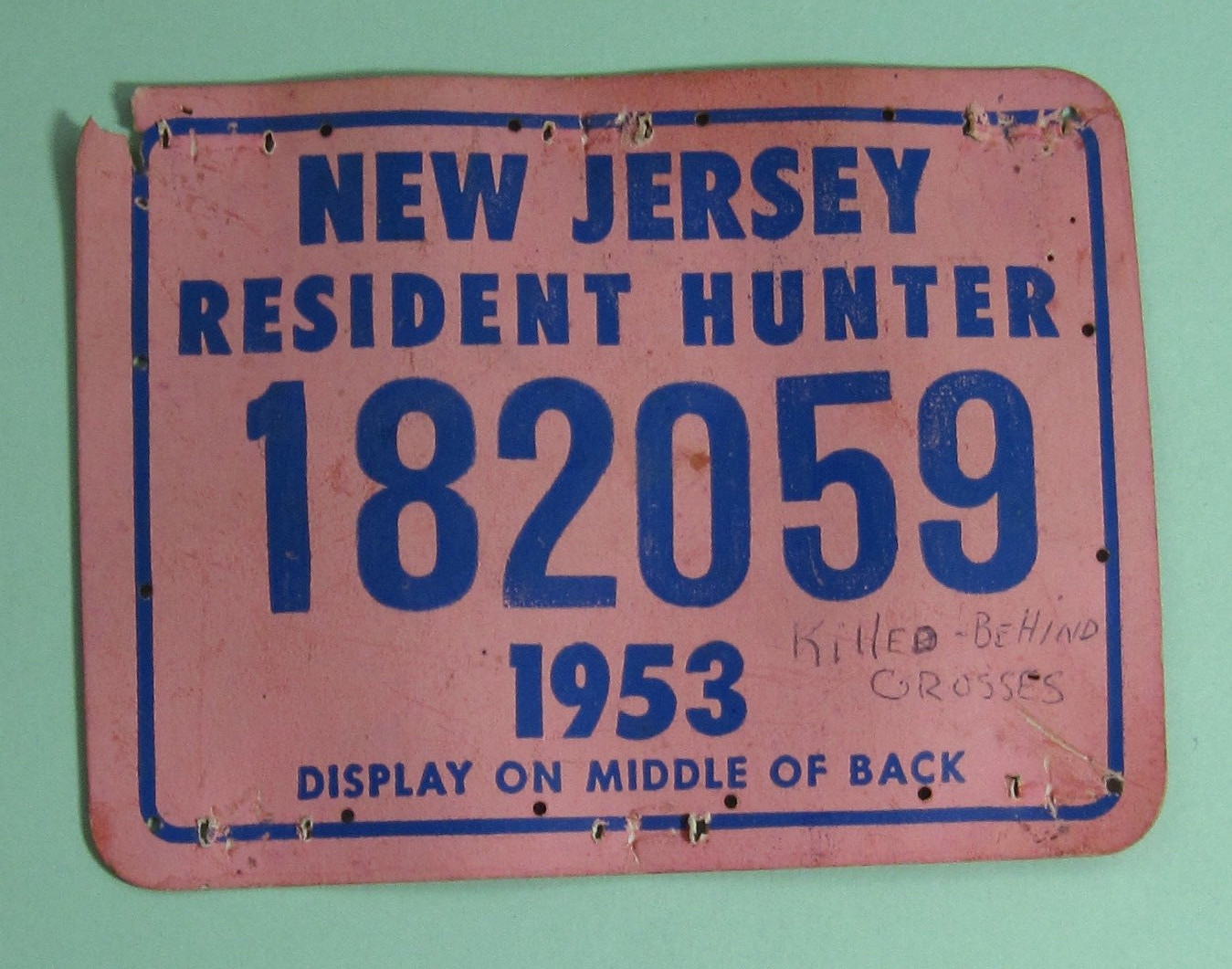1953 New Jersey Resident Back Tag Hunting License Tag...Free Shipping ...
