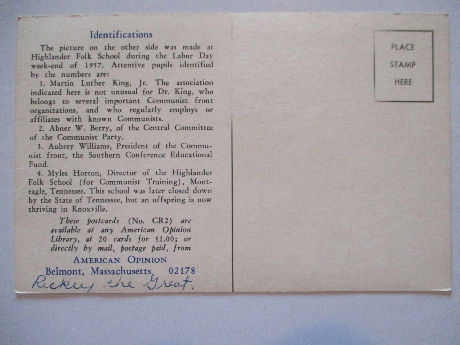 RARE 1957 Civil Rights Dr. Martin Luther King Jr Communism Post Card ...