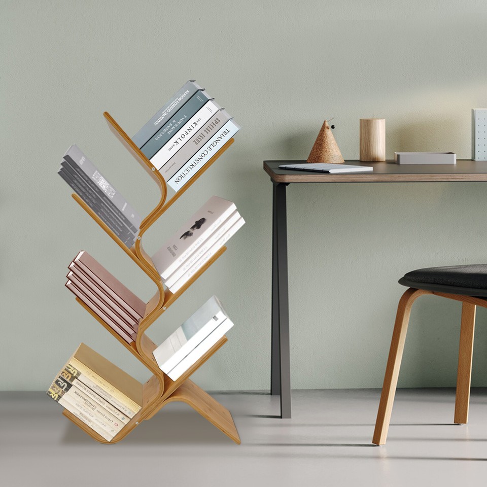 6-Tier Tree-shape Bookcases Book Organizer Bamboo Book Display Stand ...