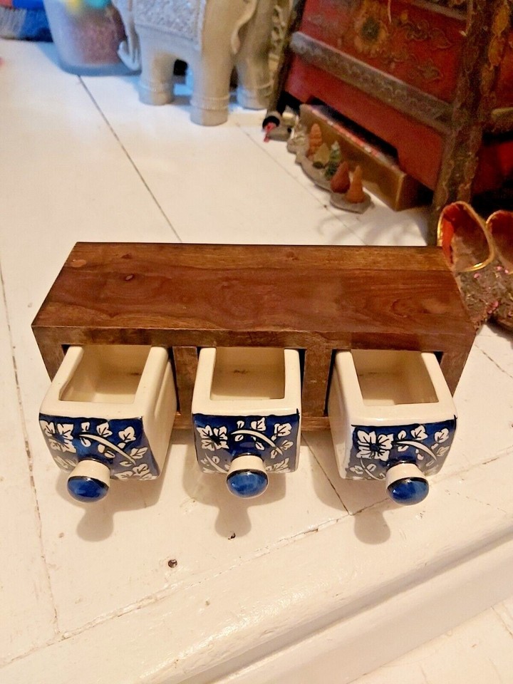 HANDMADE INDIAN CERAMIC THREE DRAWER SPICE CHEST IN MANGO WOOD | eBay UK