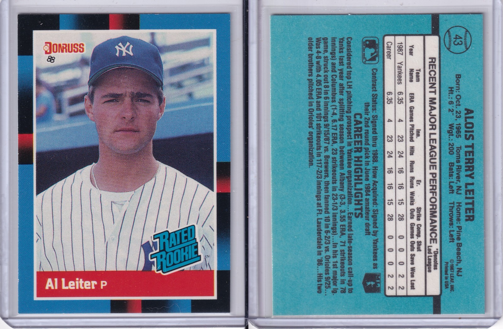 1988 Donruss Baseball Card # 43 Al Leiter Rookie New York Yankees NM+ ...
