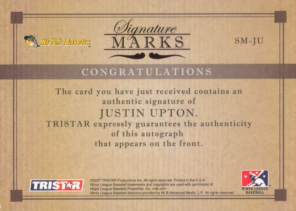 2007 07 Tristar Elegance Signature Marks Justin Upton Auto Autograph RC ...