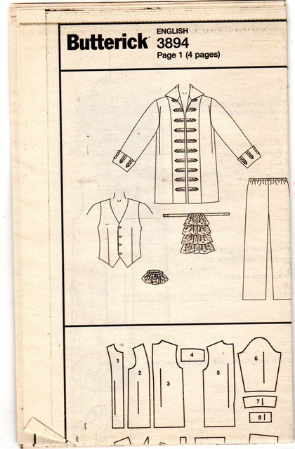 Butterick 3894 Pattern Men's Pirate 18th Century Costume Sizes L and XL ...