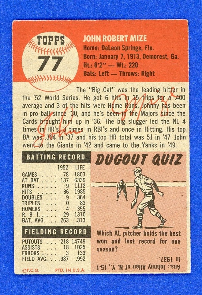 1953 TOPPS #77--JOHN MIZE--NEW YORK YANKEES--EX/EXMT | eBay