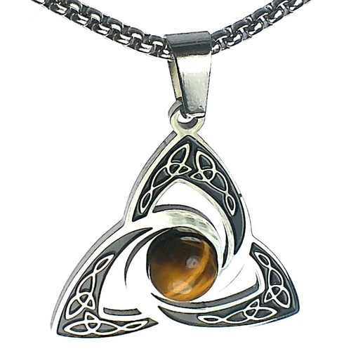 Celtic Triquetra Necklace Stainless Steel Synthetic Tigers Eye Trinity ...
