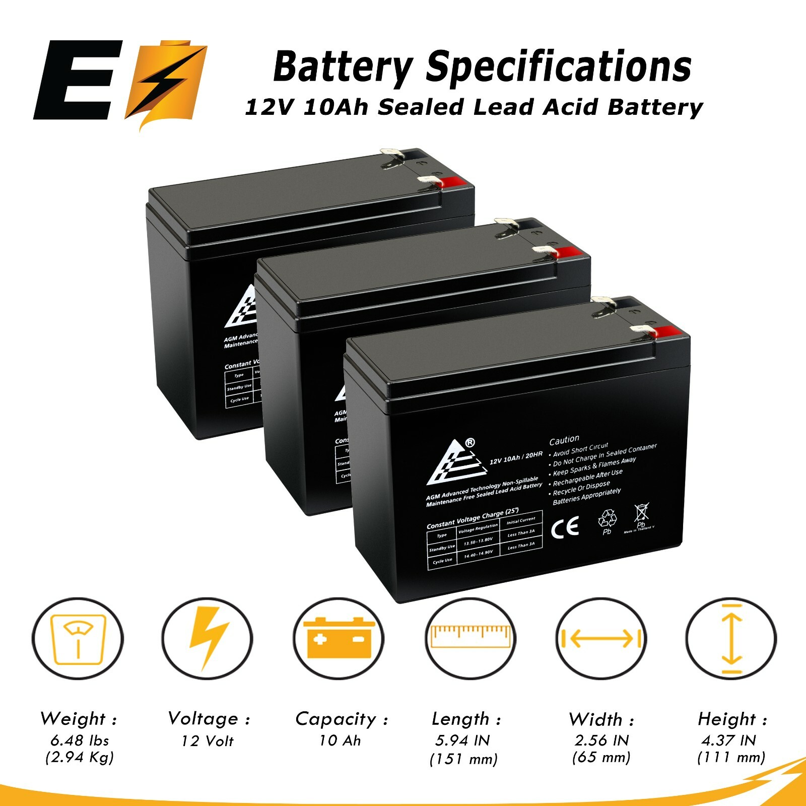 12V 10Ah Sealed Lead Acid Battery for Currie eZip E 1000, E1000 Scooter ...