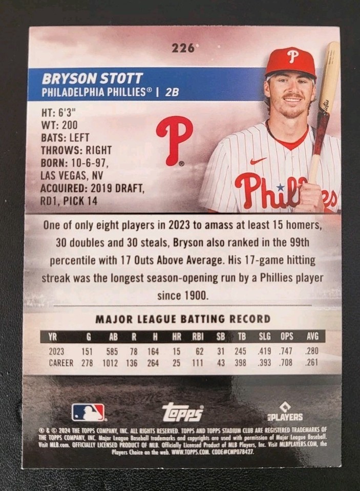 2024 Stadium Club #226 Bryson Stott Red Foil Card Philadelphia Phillies ...