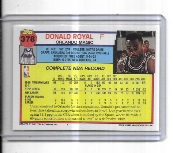 1992/93 Topps #378 Donald Royal Orlando Magic | eBay