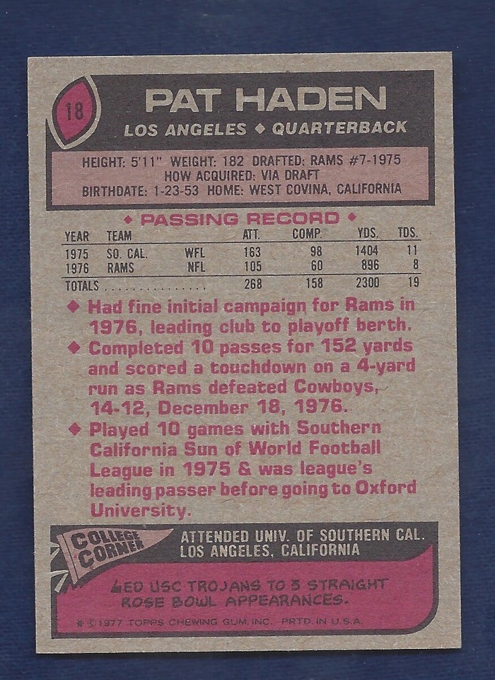 RAZOR SHARP PACK FRESH 1977 TOPPS #18 PAT HADEN ROOKIE CARD .99 SHIP ...