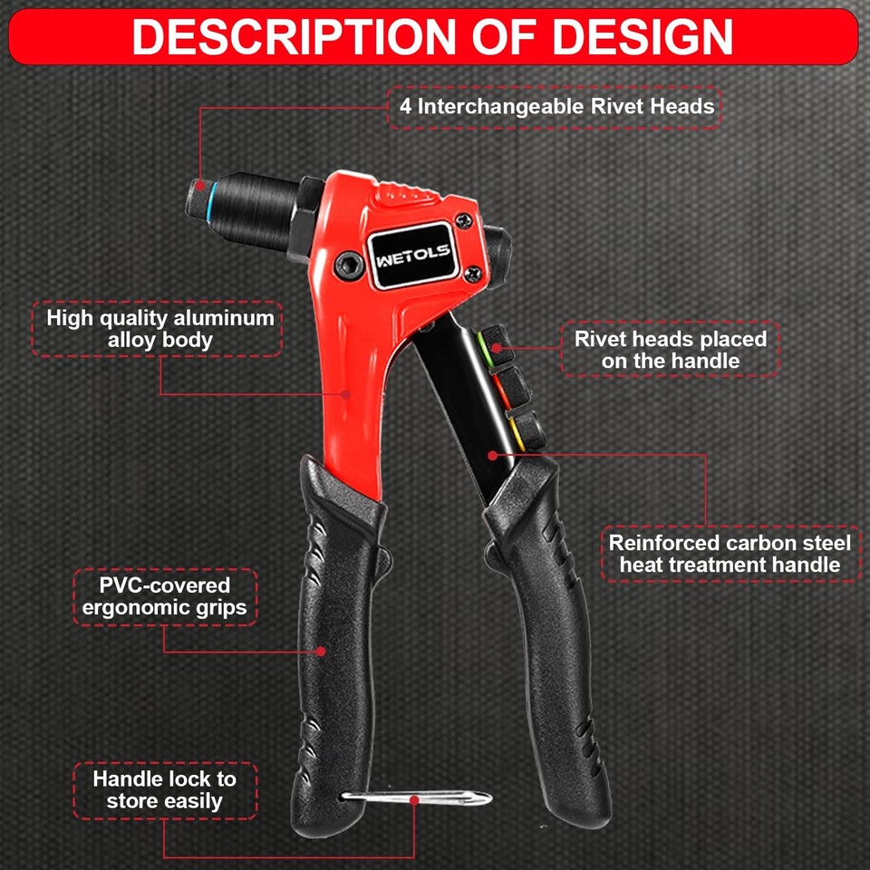 WETOLS Pop Rivet Gun Kit with 200 Blind Rivets, Regular Gun, red ...