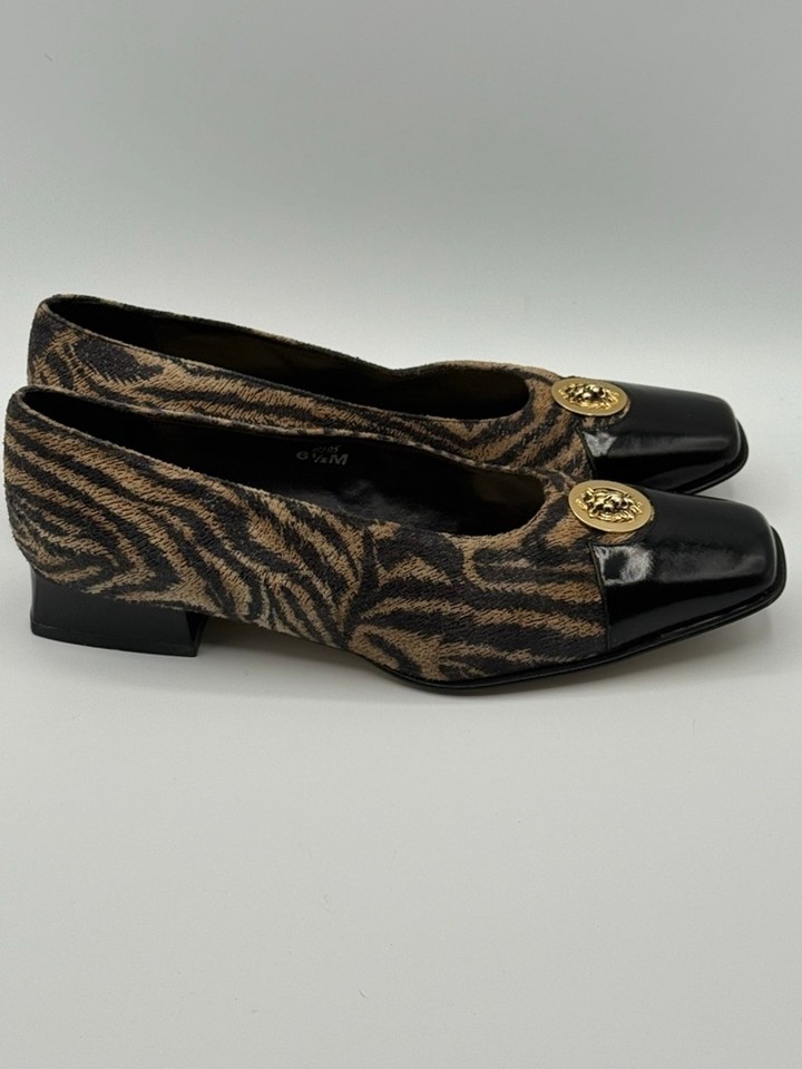 J. Renee 6.5M Zebra Print Flats – Gold Lion Medallion, Black Patent ...