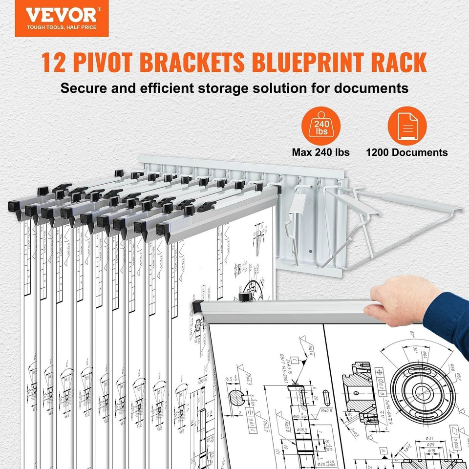 VEVOR Wall Mount Blueprint Storage Rack Blueprint Holder with 12 Pivot Brackets, 197988222118| eBay