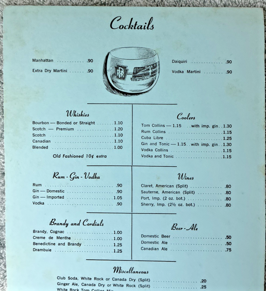 Pennsylvania Railroad PRR Cocktails List Beverage Menu Form 23. Vintage ...