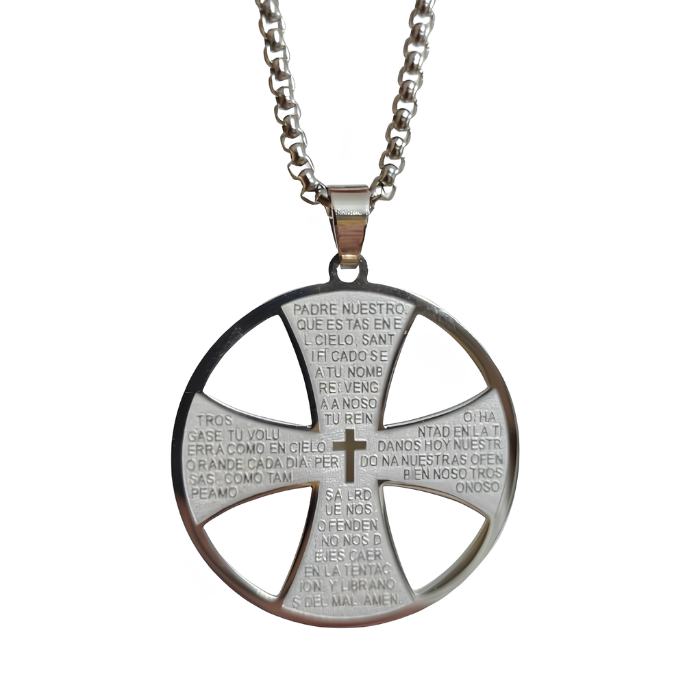 Lords Prayer Cross Pendant Necklace Templar Spanish Script Steel 22 ...
