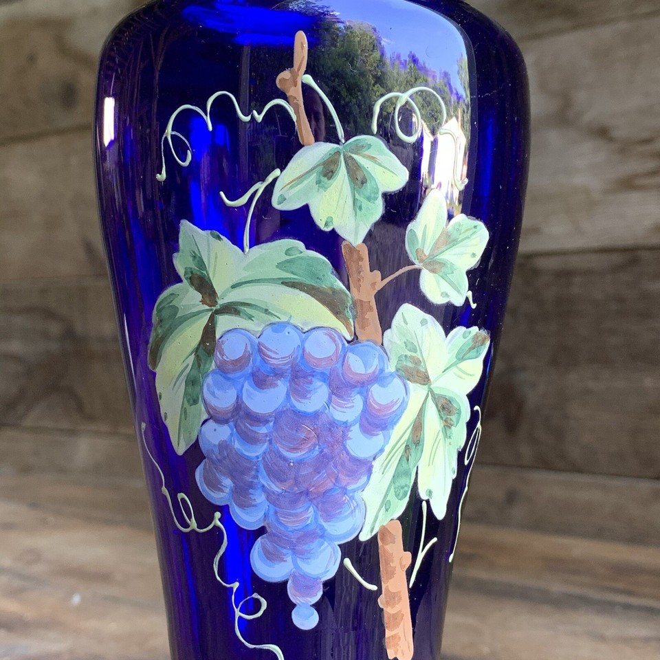 Bohemian Glass Vase Cobalt Blue 11.25” Tall Hand Painted Marked Czech ...