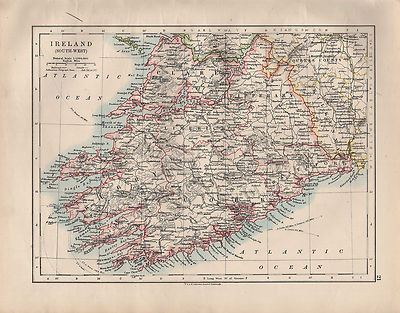 1914 MAP ~ IRELAND SOUTH-WEST ~ KERRY CORK ~ TIPPERARY CLARE WATERFORD ...