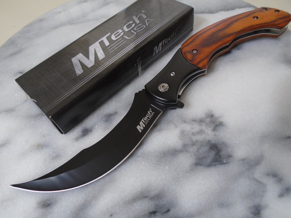 Mtech Assisted Open Scimitar Pocket Knife Fancy Wood Folder Skinner MT ...