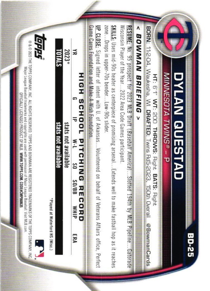 2023 Bowman Draft #BD-25 Dylan Questad | eBay