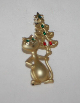 JJ Standing Cat Holding Christmas Tree Rhinestone Brooch Holiday Xmas ...