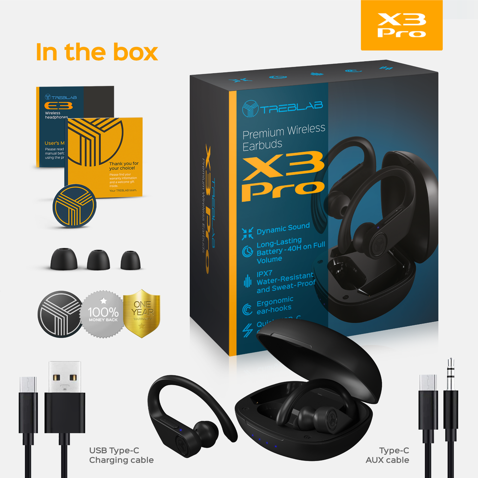 Treblab X3 Pro -True Wireless Earbuds with Earhooks-45H Battery Life ...