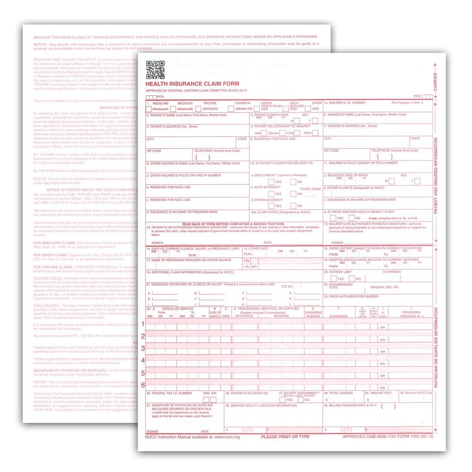 New CMS 1500 Claim Forms - HCFA (Version 02/12) 1000 per Box | eBay