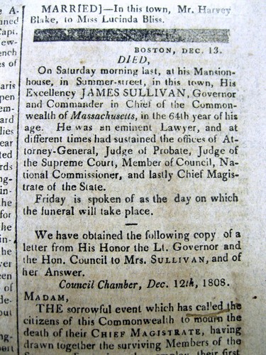 Best 1808 newspaper w DEATH of Massachusetts Governor JAMES SULLIVAN ...