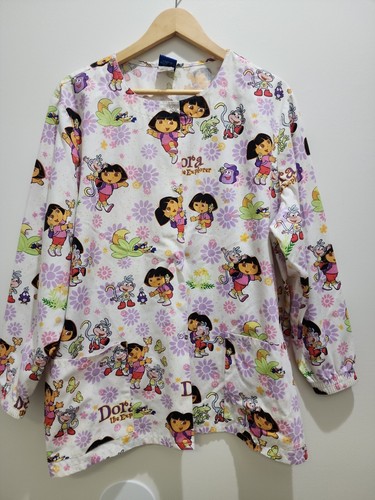 WOMEN'S NICK JR DORA THE EXPLORER SCRUB TOP Lab Coat L Large Rare ...